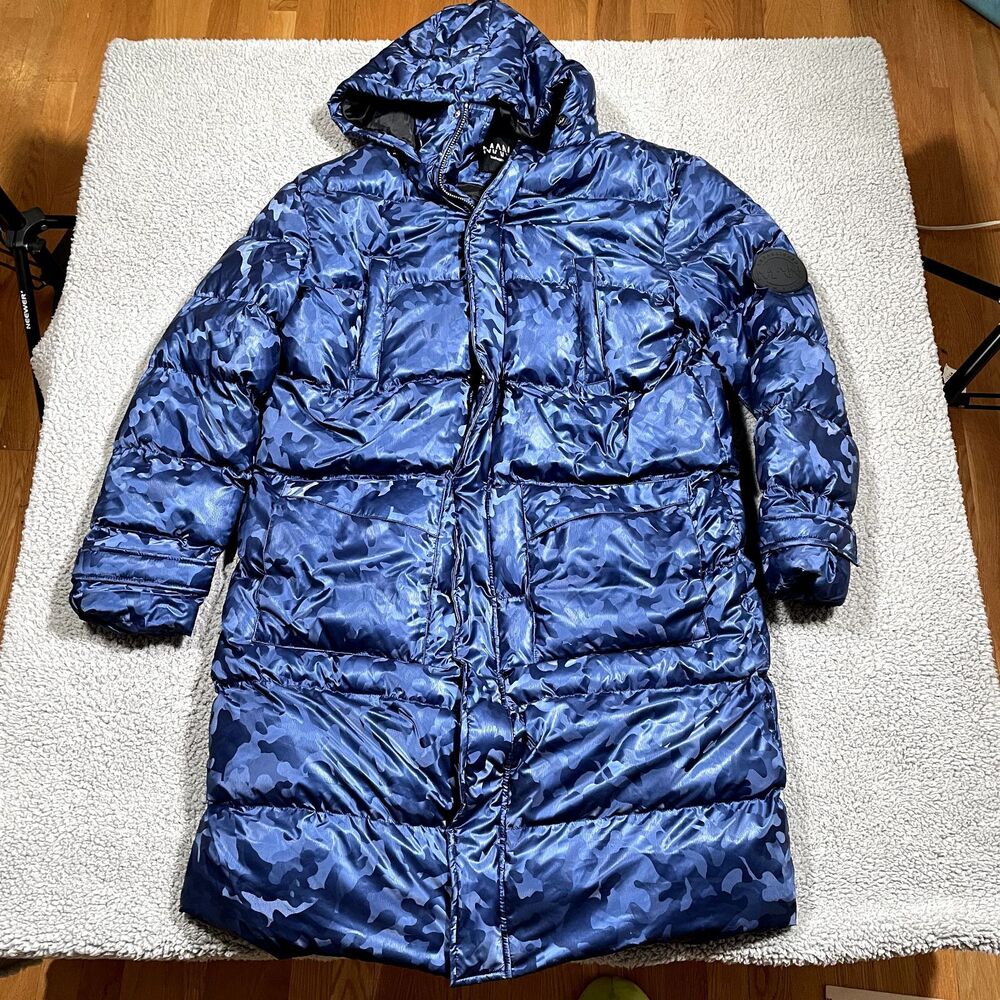Boohoo Man Camo Puffer Jacket Men's Blue Full Zip Hoo… - Gem